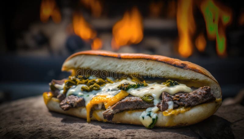 Philly Cheesesteak on Stone, Blurred Background, Rustic Pub Stone Oven ...
