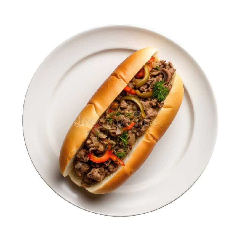 Philly Cheesesteak on White Smooth Round Plate on Isolated Transparent ...