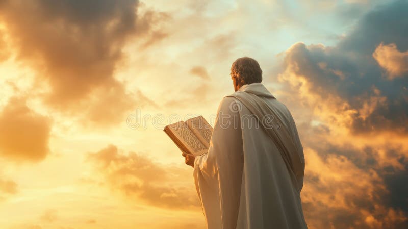 Philosopher in Warm Evening Light, Holding a Worn Book, with Robe ...