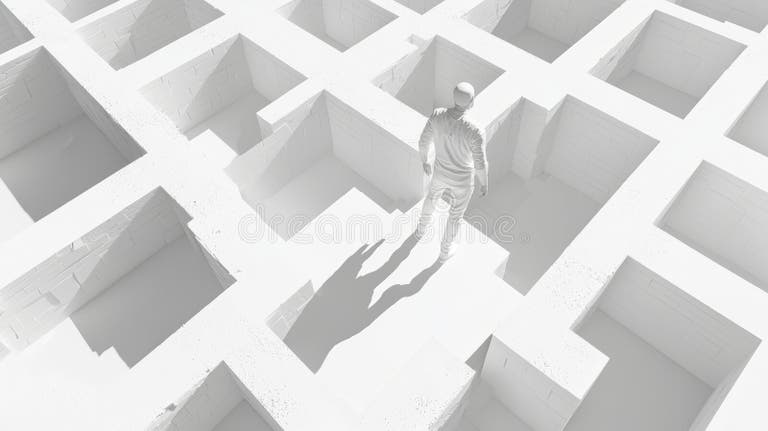 Philosophical Concept of a Man Walking through a White Labyrinth Stock ...