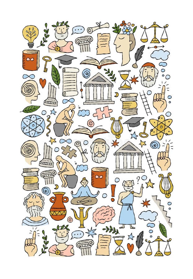 Philosophy Concept Art, Hand-drawn Philosophers and Elements. Vertical ...