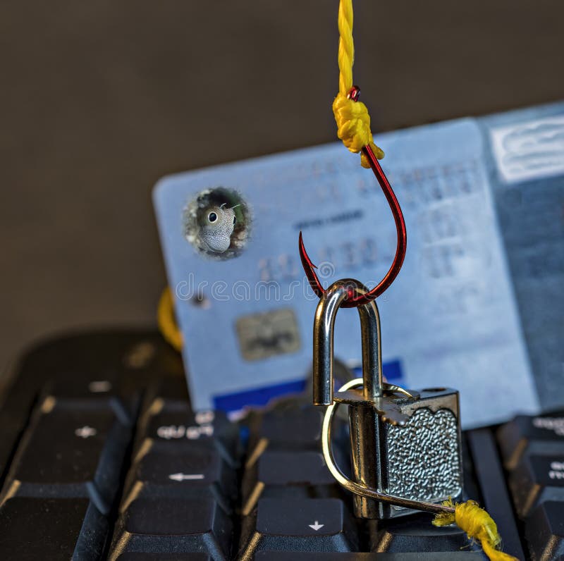 Phishing. Fish Hook, Lock Key and Credit Card on Computer Keyboard ...
