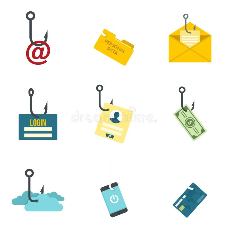 Phishing Icon Set, Flat Style Stock Vector - Illustration of crime ...