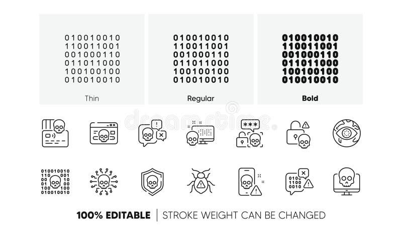 Cyber Attack Line Icons. Phishing Risk, Data Ransomware and Binary Code Outline Icons. Line ...