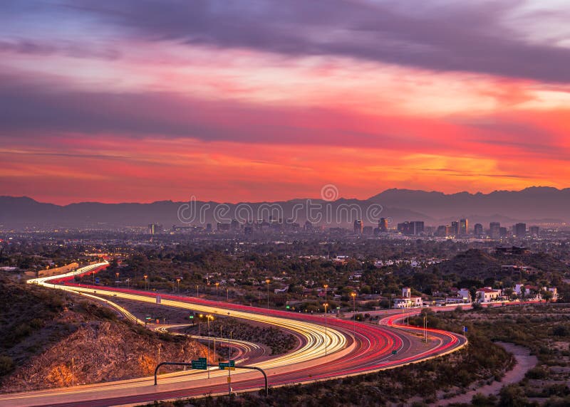 Phoenix, Arizona Freeway Leading Toward Downtown at Sunset Stock Image ...