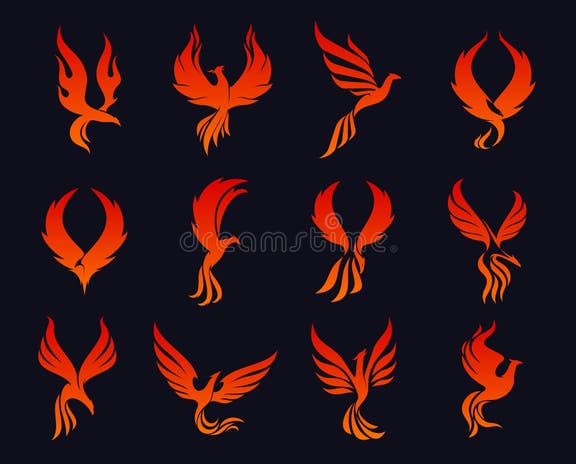 Phoenix Bird Icons, Eagle Fire Flying in Flames Stock Vector ...