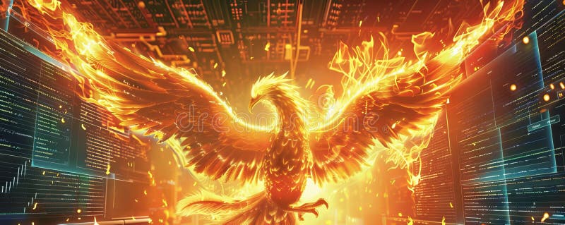 A Phoenix Bursts Forth from a Computer Screen Its Fiery Wings ...