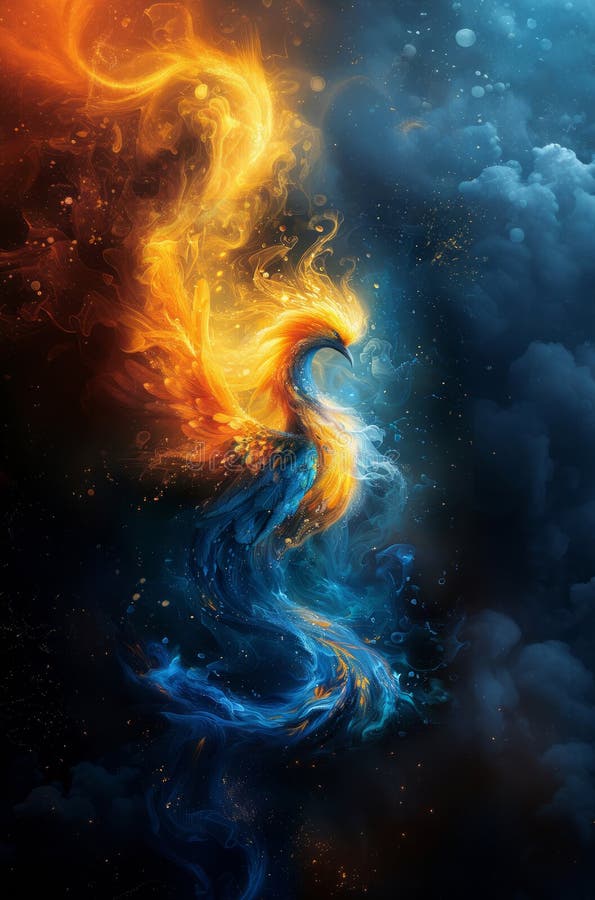 Phoenix on Fire in Blue and Yellow Colors Symbol of Rebirth and Strong ...