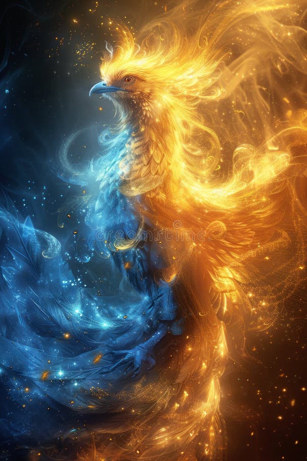 Phoenix on Fire in Blue and Yellow Colors Symbol of Rebirth and Strong ...