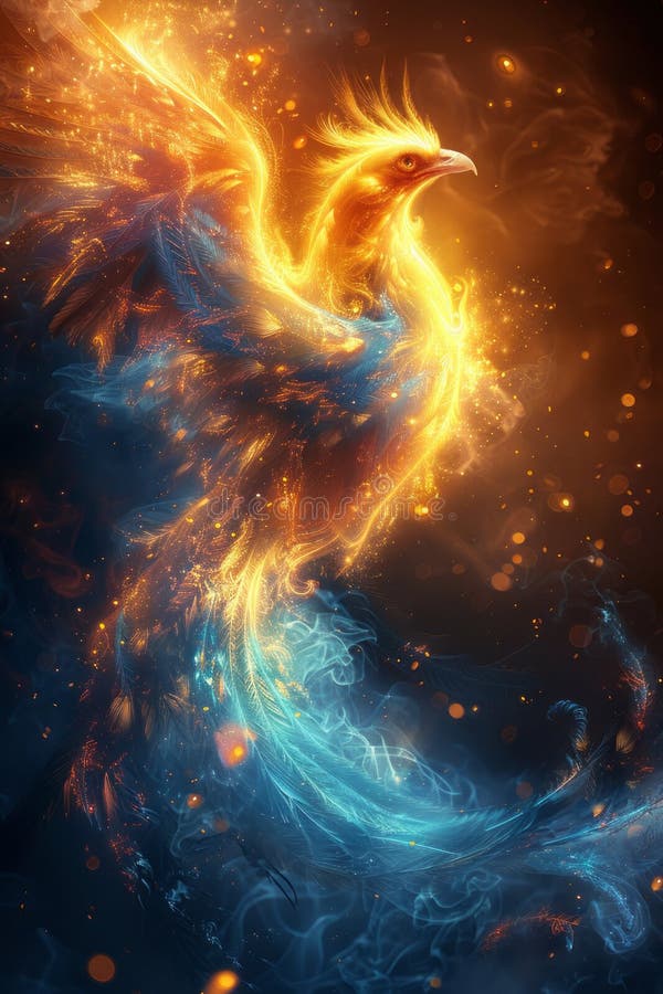Phoenix on Fire in Blue and Yellow Colors Symbol of Rebirth and Strong ...