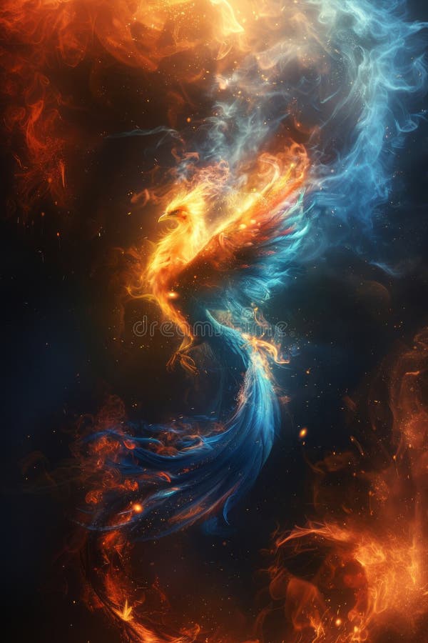 Phoenix on Fire in Blue and Yellow Colors Symbol of Rebirth and Strong ...