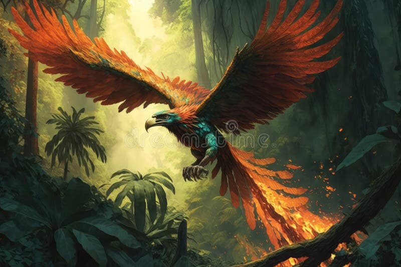 Phoenix Firebird Flying Over Lush Jungle, Setting the Trees on Fire ...