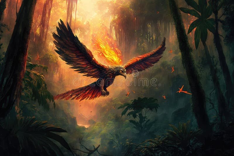 Phoenix Firebird Flying Over Lush Jungle, Setting the Trees on Fire ...