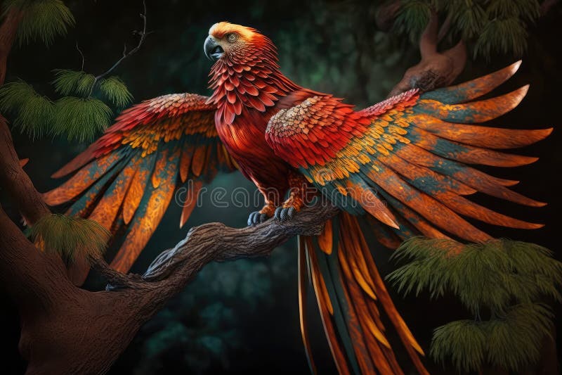 Phoenix Firebird Sitting on Tree Branch, with Its Tail Feathers Spread ...