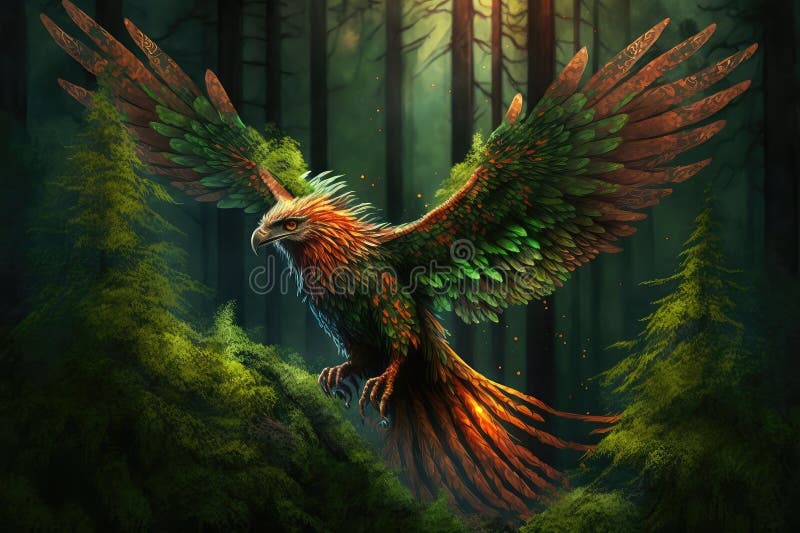 A Phoenix Firebird Soaring Over a Green Forest Stock Illustration ...