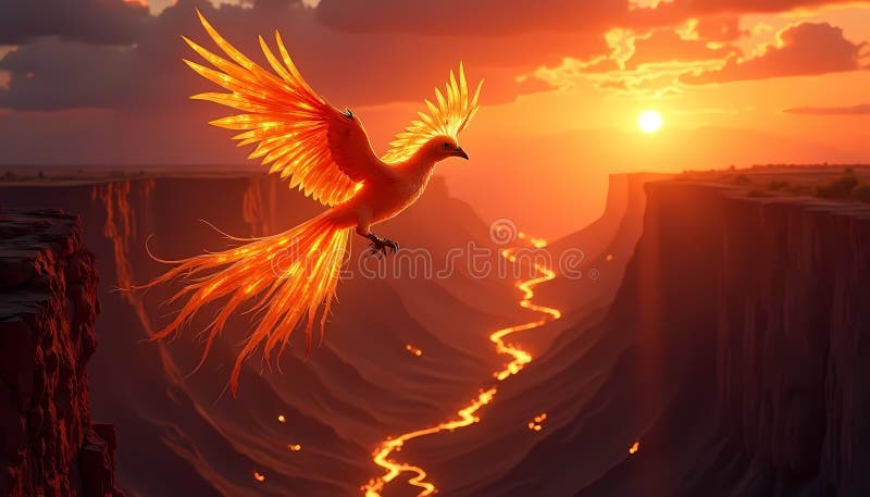 Phoenix Flying Over Canyon at Sunset Stock Illustration - Illustration ...