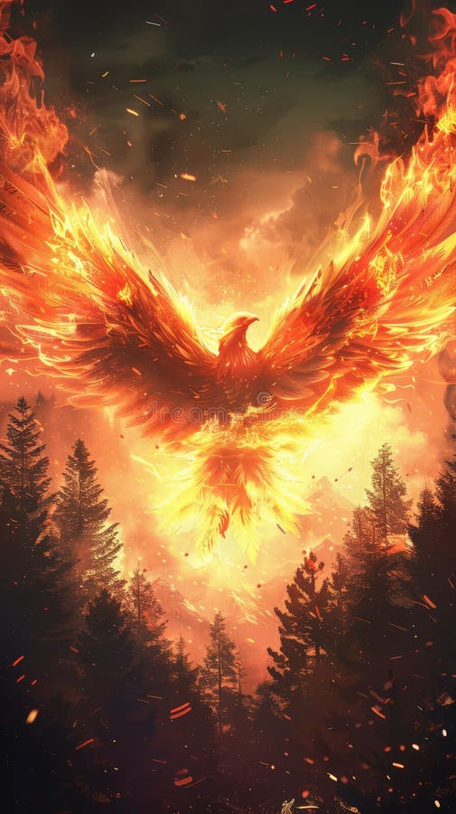Phoenix in Full Flight Enveloped by Forest Flames. a Spectacle of ...