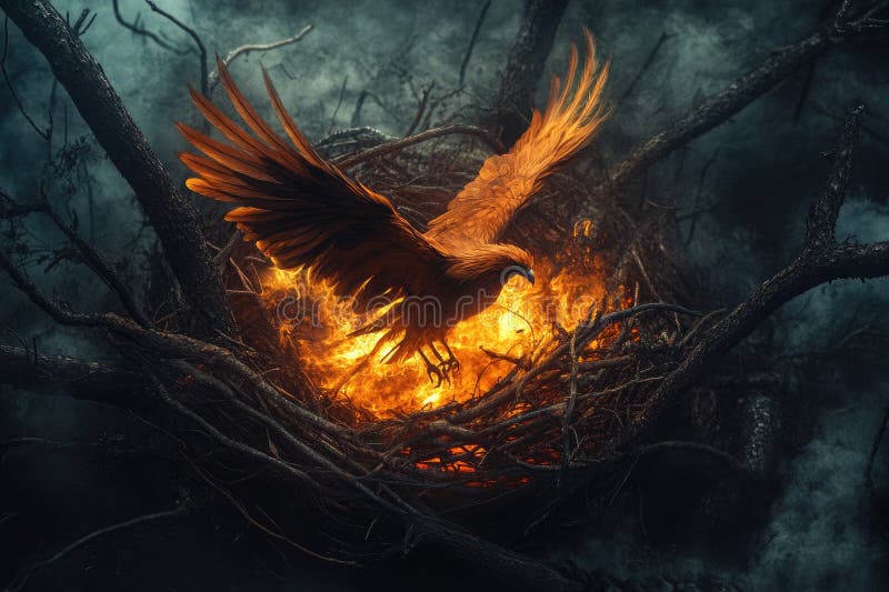 A Phoenix Reborn in a Nest of Smoldering Branches Stock Illustration ...