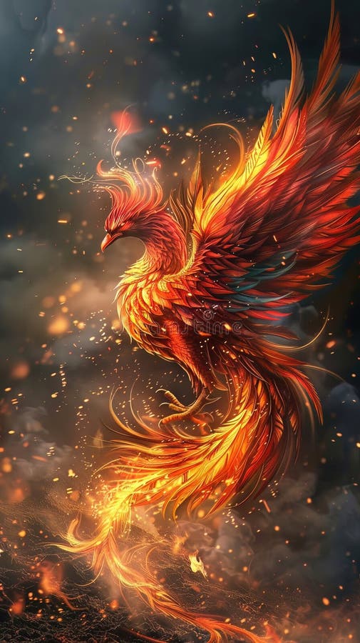 A Phoenix Rising from Ashes Surrounded by Admirers Symbolizing Rebirth ...