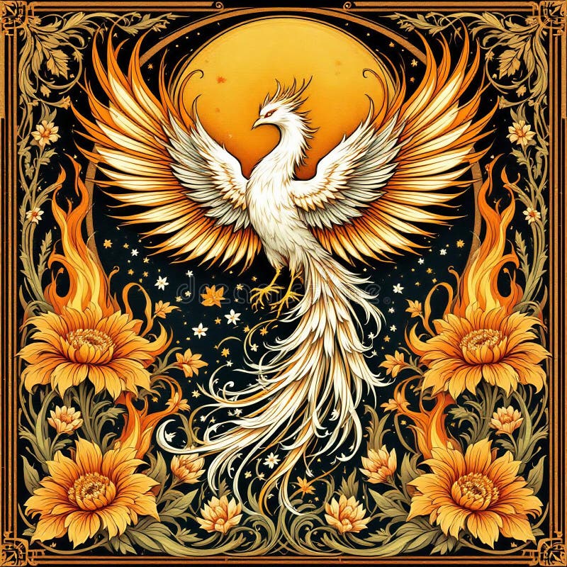 A Phoenix Rising from the Ashes, Surrounded by Flowers and Sunflowers ...
