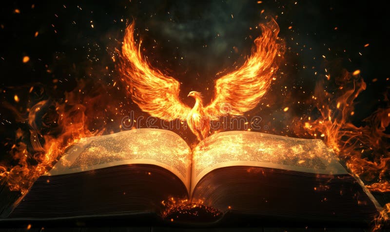 Phoenix Rising from a Burning Book with Flames and Sparks, Symbolizing ...