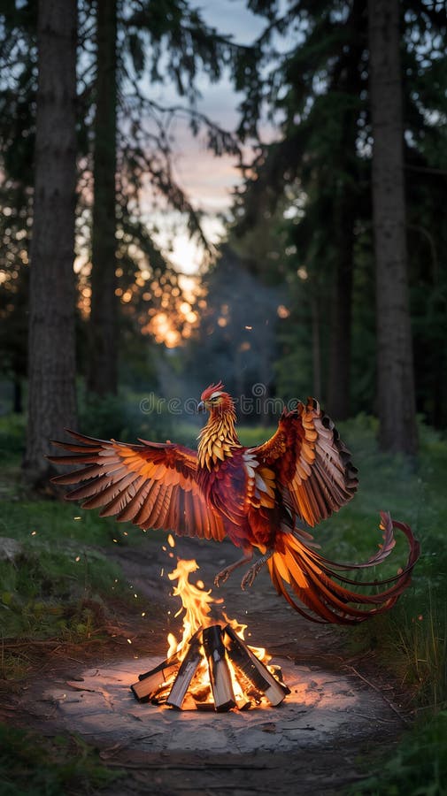Phoenix Rising from Campfire in Forest Stock Illustration ...