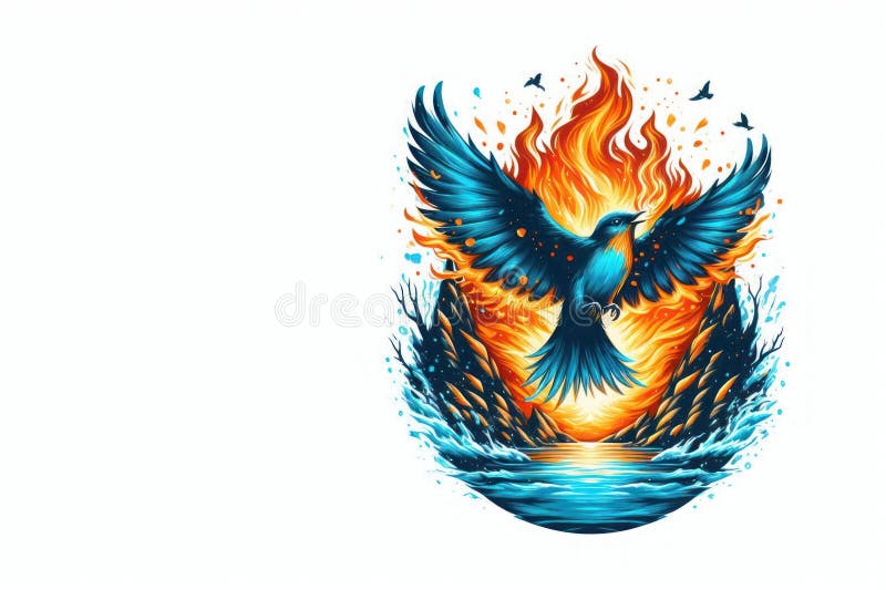 A Phoenix Rising from Fire and Water in an Epic Flight. Space for Text ...
