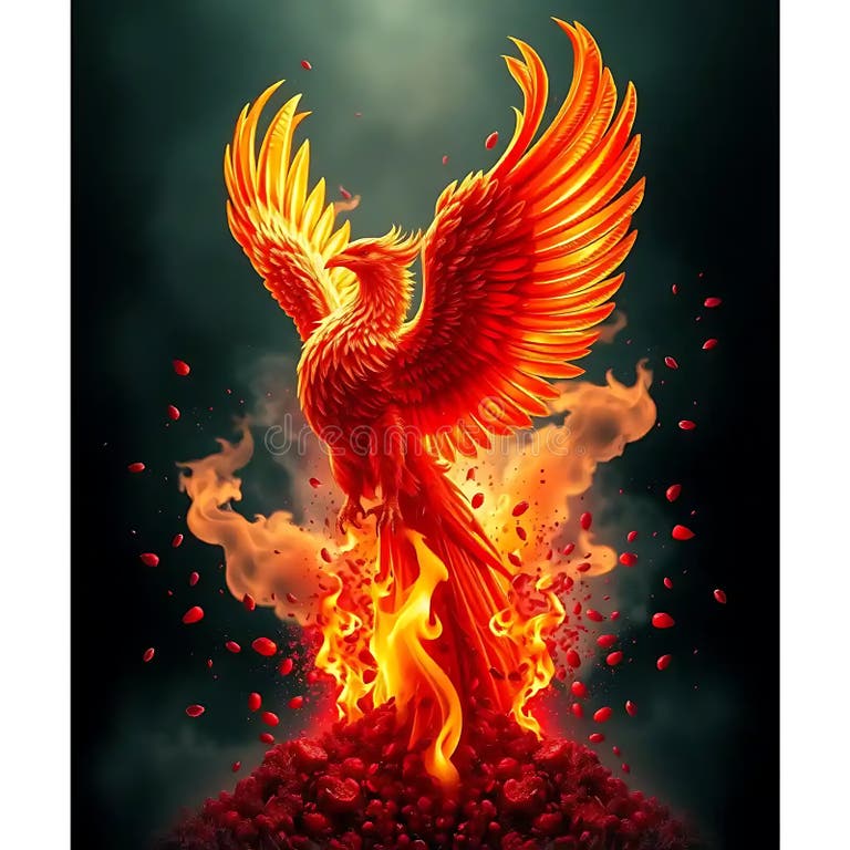 A Phoenix Rising from Flames and Ash in a Dramatic Posture Stock ...