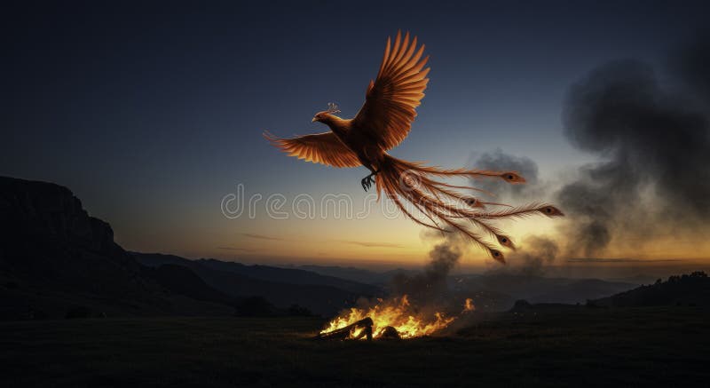 Phoenix Rising from Flames at Sunset with Mountains in the Background ...