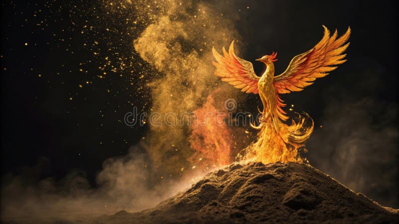 Phoenix Rising from Golden Ashes, Symbolizing Rebirth and ...