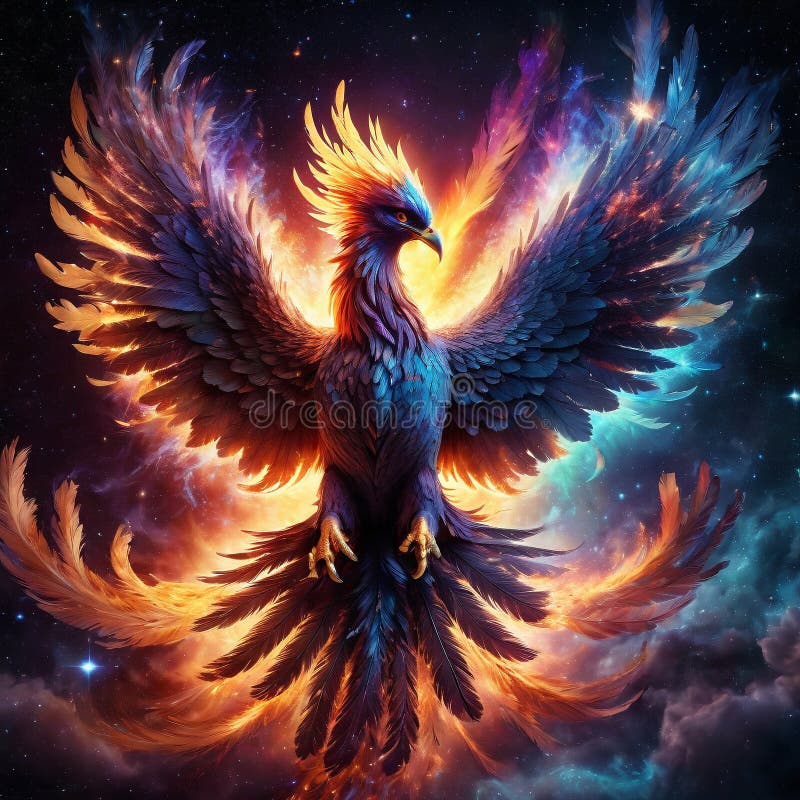 A Phoenix Rising from Vibrant Ashes, with Iridescent Feathers Catching ...