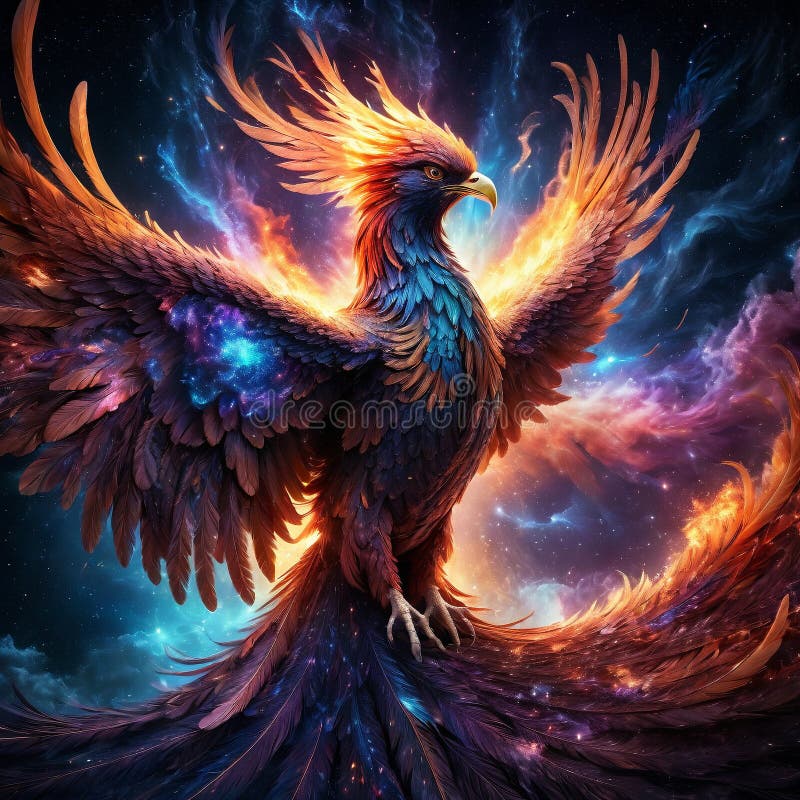 A Phoenix Rising from Vibrant Ashes, with Iridescent Feathers Catching ...