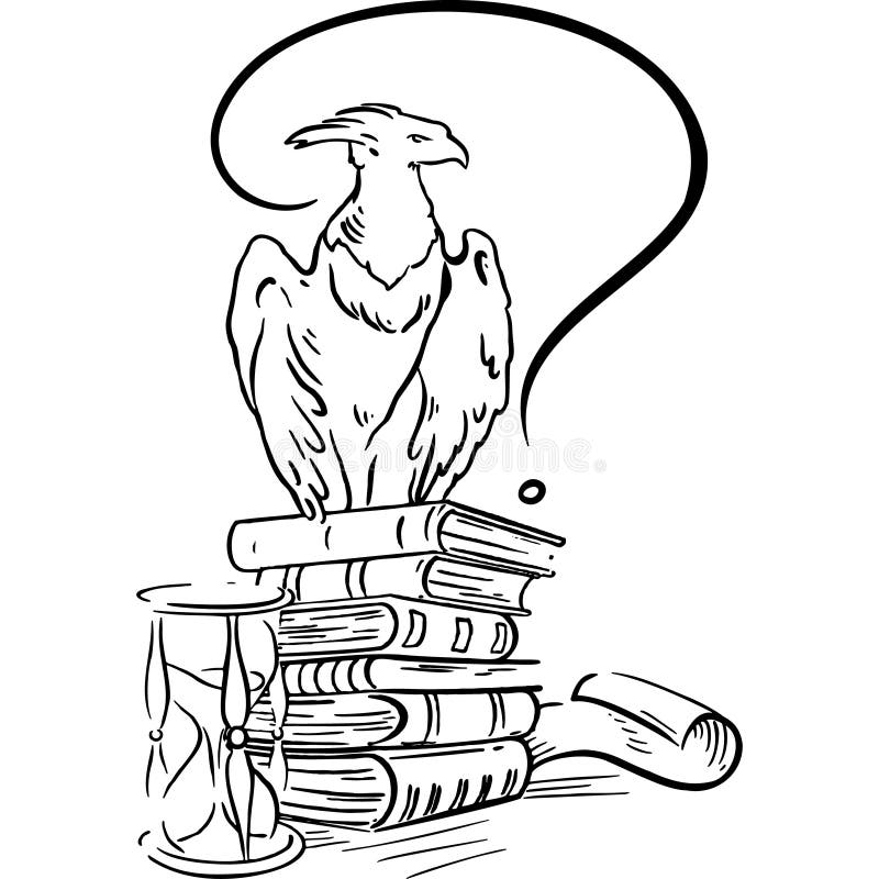 Phoenix Sits on a Stack of Books Near Parchment and Hourglass Sketch ...