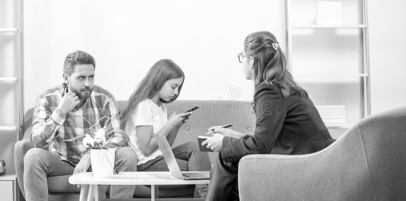 Phone Addicted Kid with Daddy Sitting at Psychologist Solving Problem ...