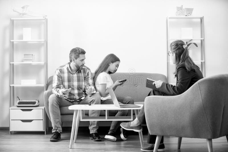 Phone Addicted Kid with Daddy Sitting at Psychologist Solving Problem ...