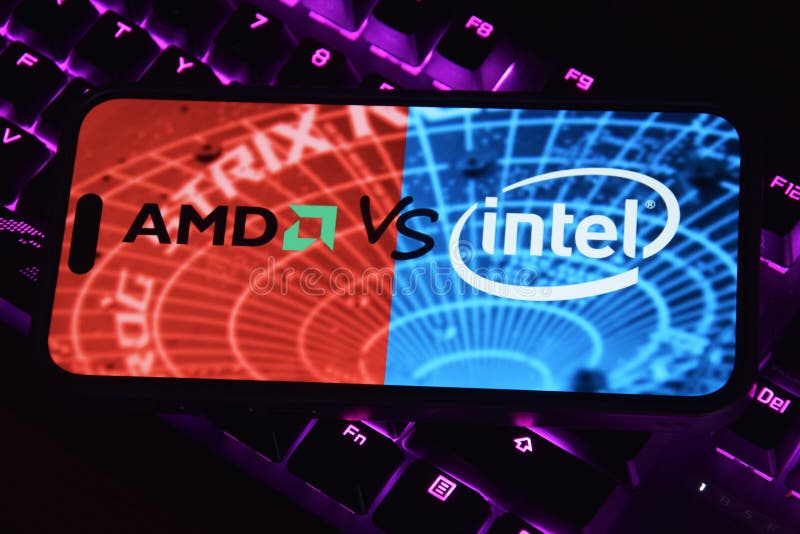 Phone with AMD and INTEL Logo on Computer Background. Editorial ...