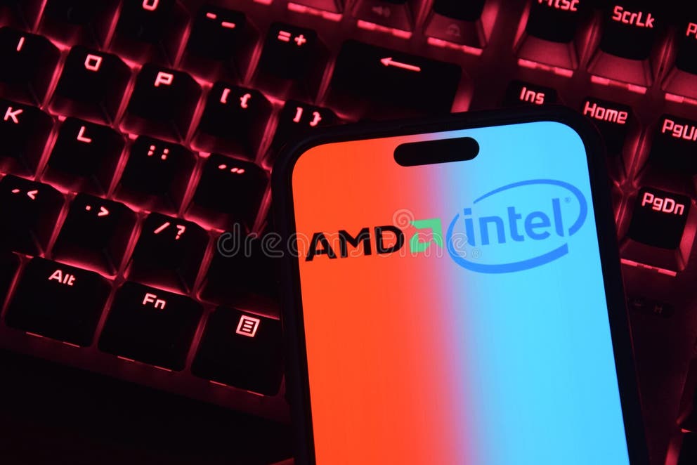 Phone with AMD and INTEL Logo on Computer Background. Editorial Stock ...