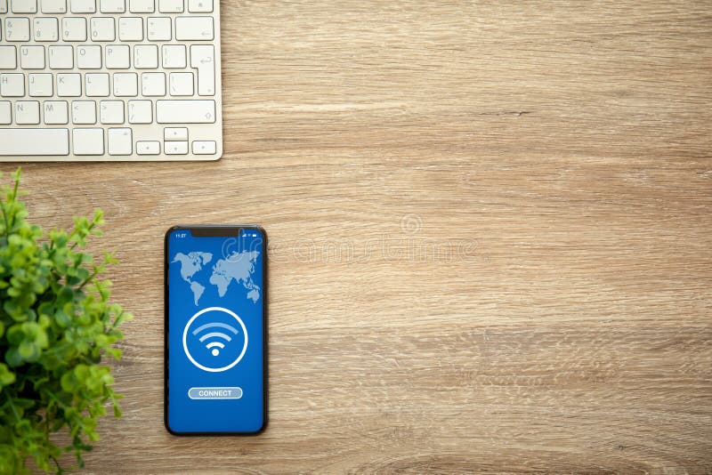 Phone with App Wifi Connect on Screen Wooden Table Keyboard Stock Image ...