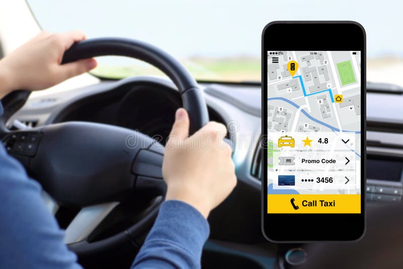 Phone with Application Call Taxi Screen Background Man Driving C Stock ...