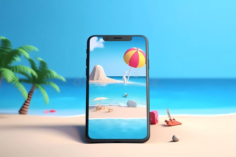A Phone with a Beach Scene on it AI Generation Stock Illustration ...