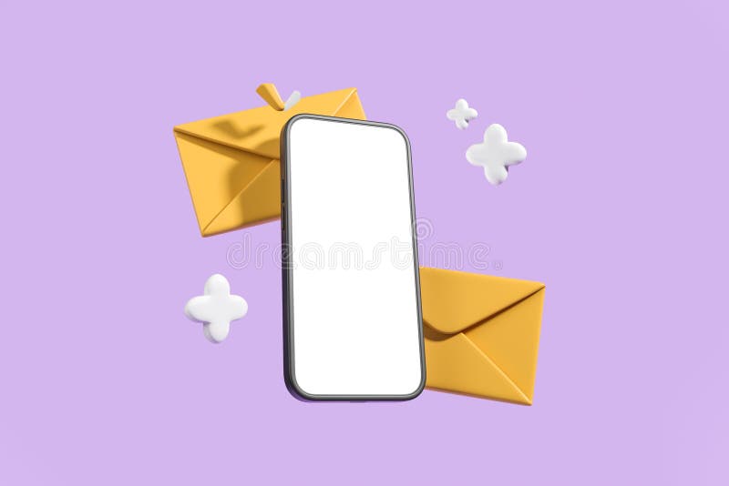 Phone Blank Display and Mail Envelopes on Purple Background Stock ...