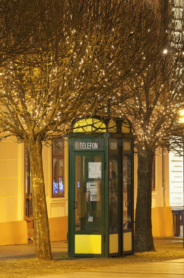 Phone Booth at Night with Lots of Light Bulbs Stock Image - Image of ...