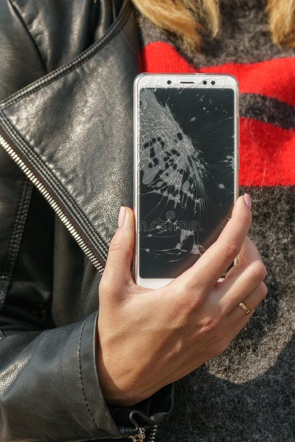 Phone with a Broken Screen in a Female Hand Stock Image - Image of ...