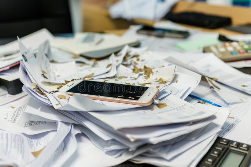 Phone Buried Under Papers on a Disorganized Office Table Stock Photo ...