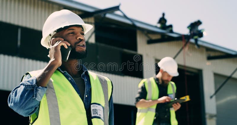 Phone Call, Architect and Man by Warehouse for Maintenance, Talk and Building. Mobile ...