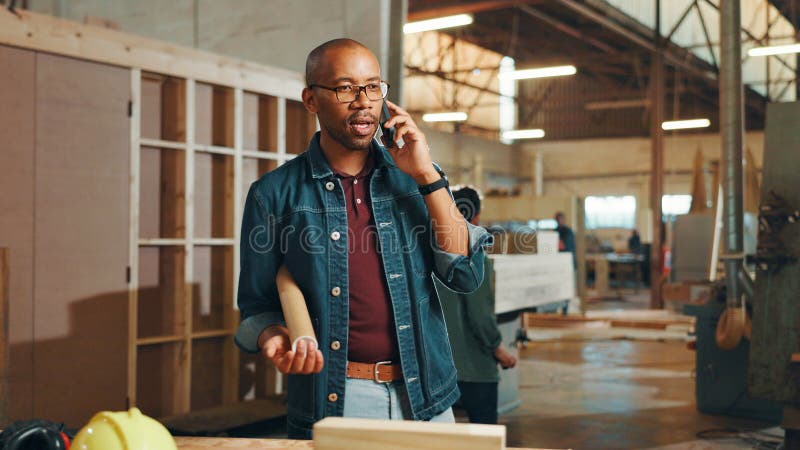 Phone Call, Carpenter and Man in Workshop, Talking and Communication ...