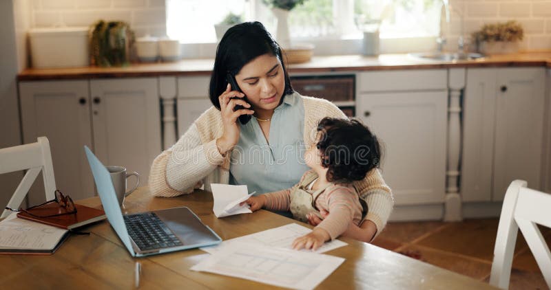 Phone Call, Child and Mom with Laptop, Remote Work and Bookkeeper with Paperwork for Project and ...