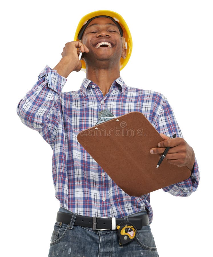 Phone Call, Construction and Black Man Laugh on a White Background ...