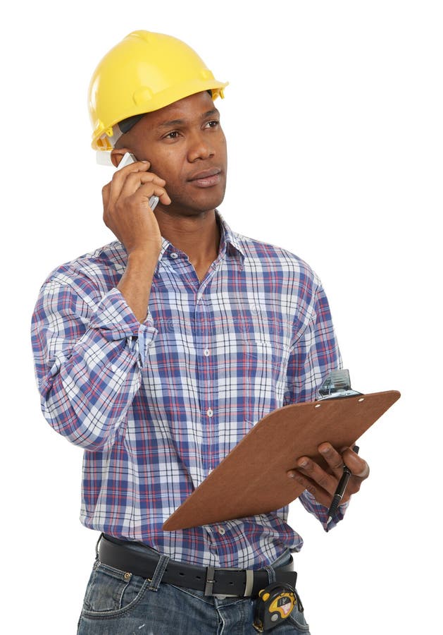 Phone Call, Construction and Man with Clipboard on a White Background ...