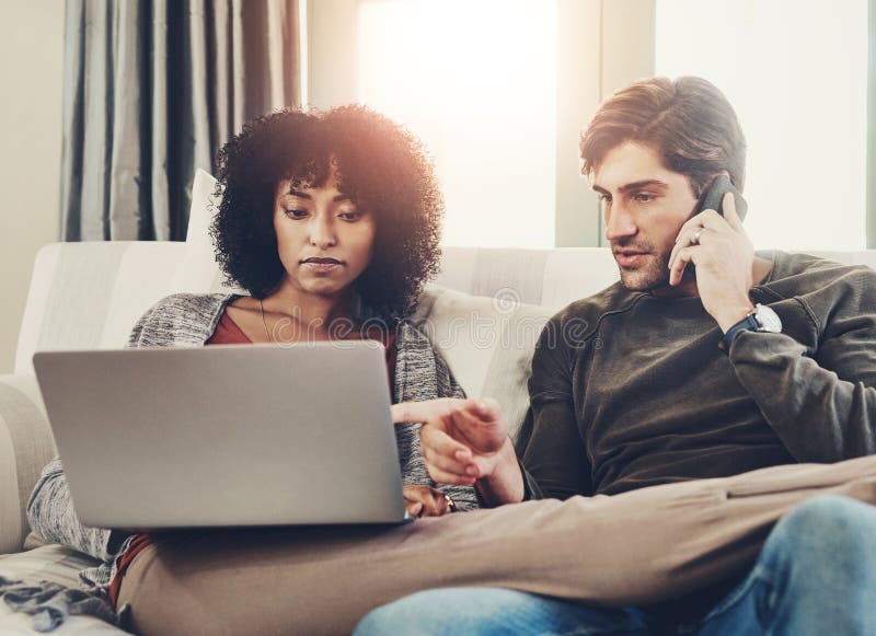 Phone Call, Couple and Laptop in Home with Problem, Connection Error ...